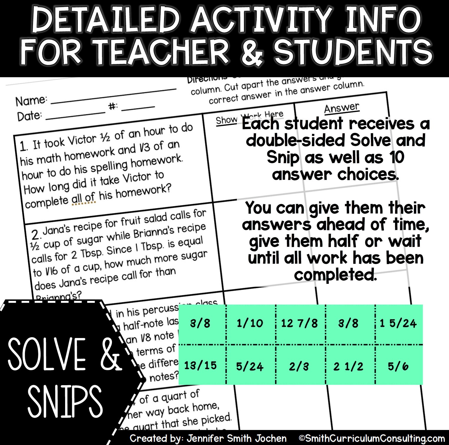 Add and Subtract Fractions Solve and Snip Printable Word Problems 5th ...