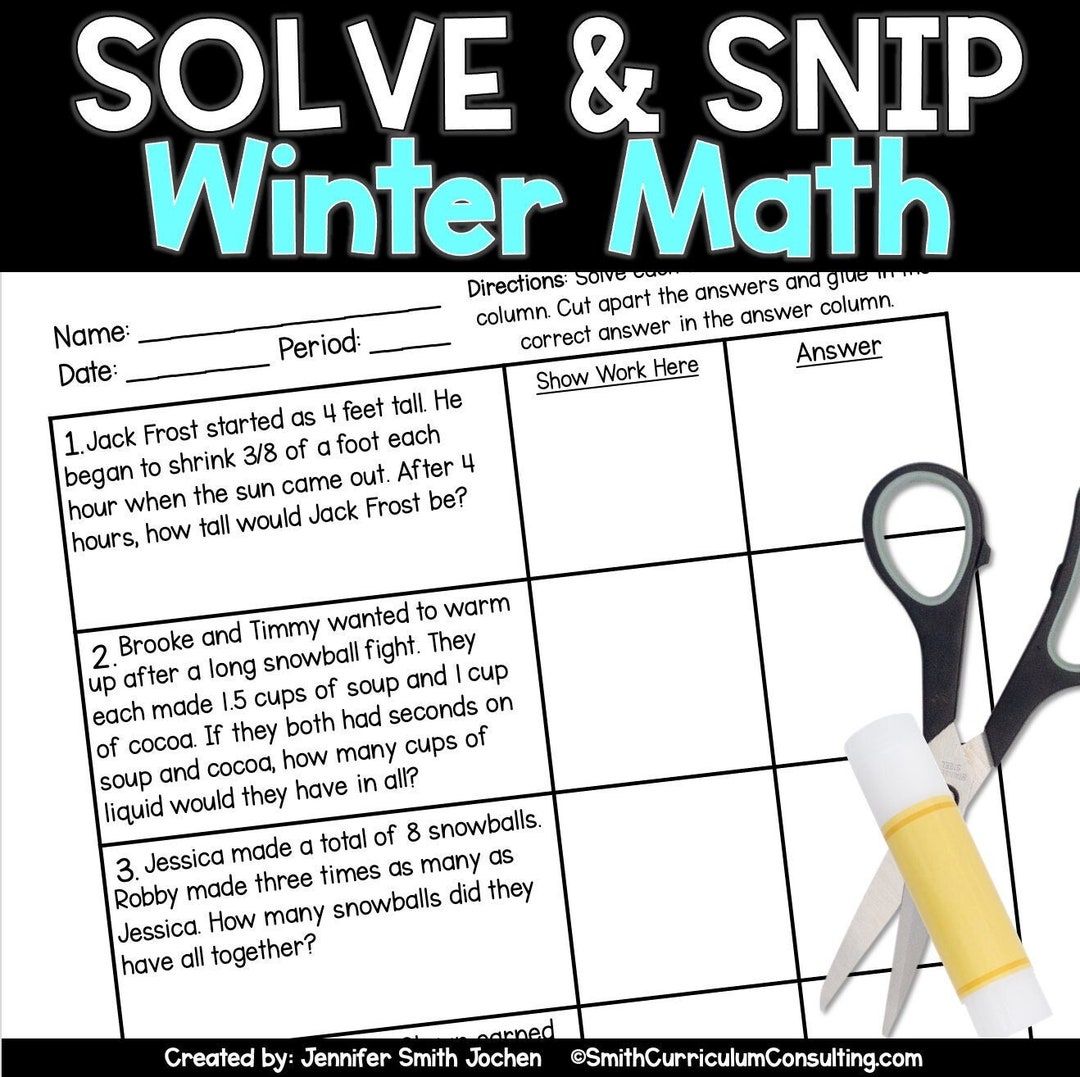 Winter Solve and Snip Printable Decimals Fractions Word Problems 5th ...