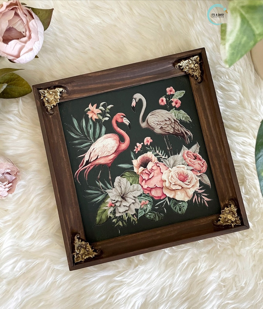 Flamingos and Cranes in Wood Frame With Clay Accents. Moody. Dark ...
