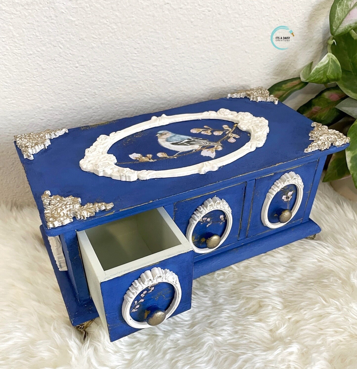Hand Painted Cobalt Blue Box With Bird, Florals, and Handmade Resin ...