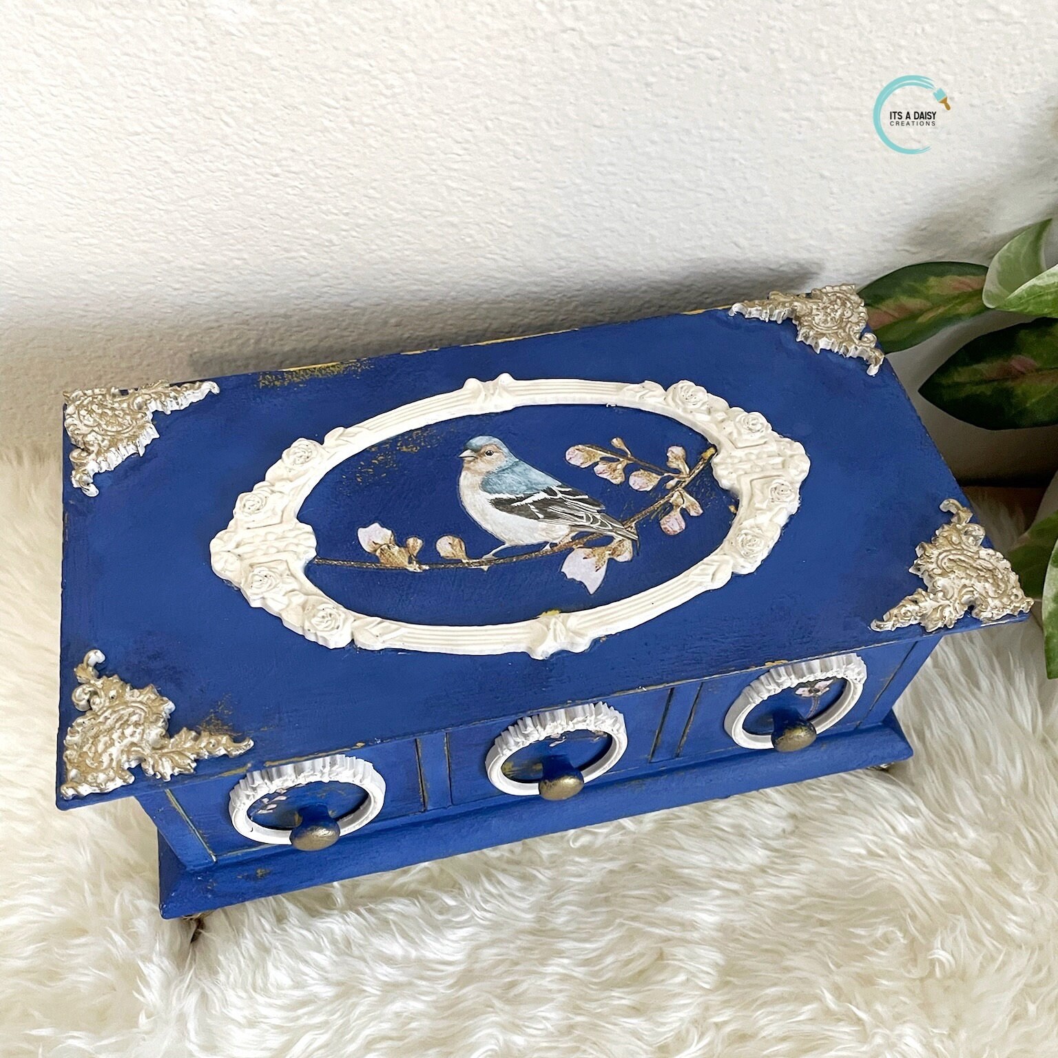 Hand Painted Cobalt Blue Box With Bird, Florals, and Handmade Resin ...