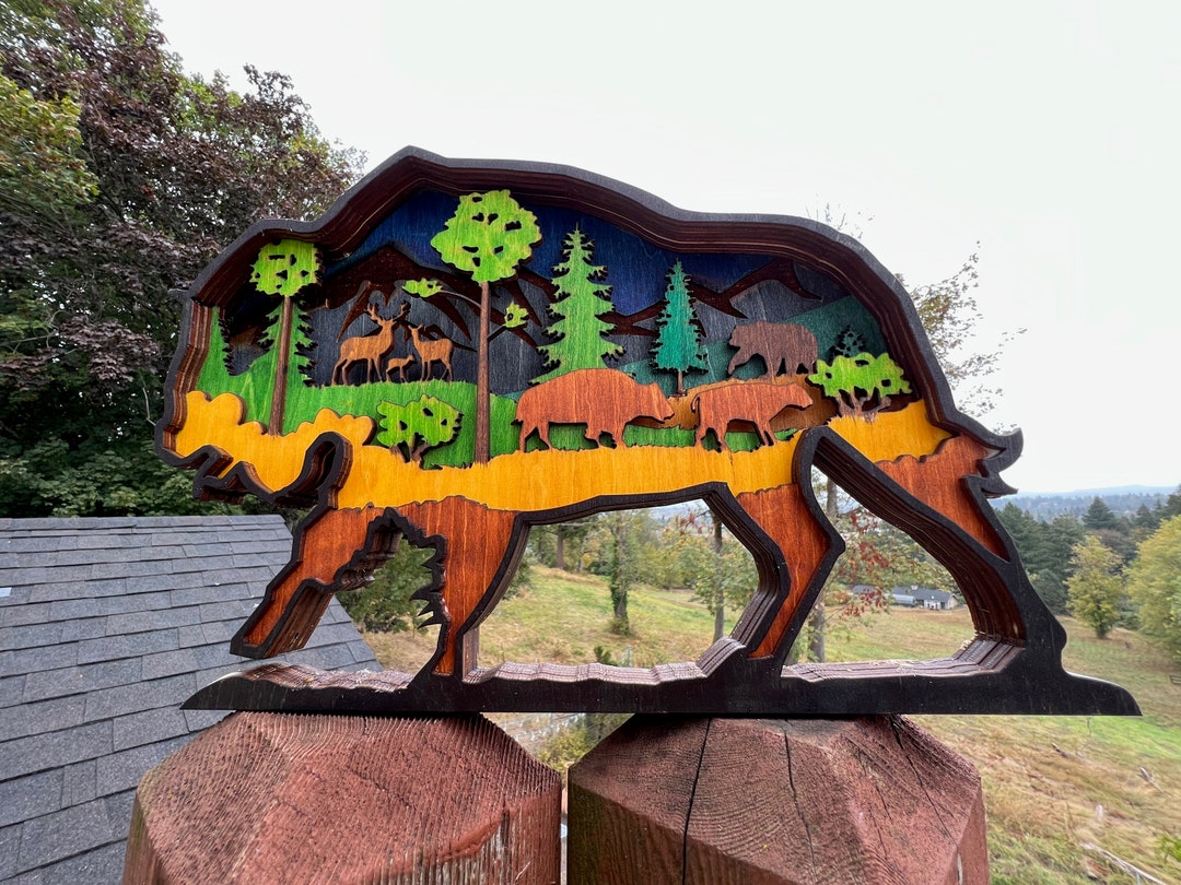 Laser-engraved Layered Wood Buffalo Bison Wall Art Rustic Decor, Unique ...