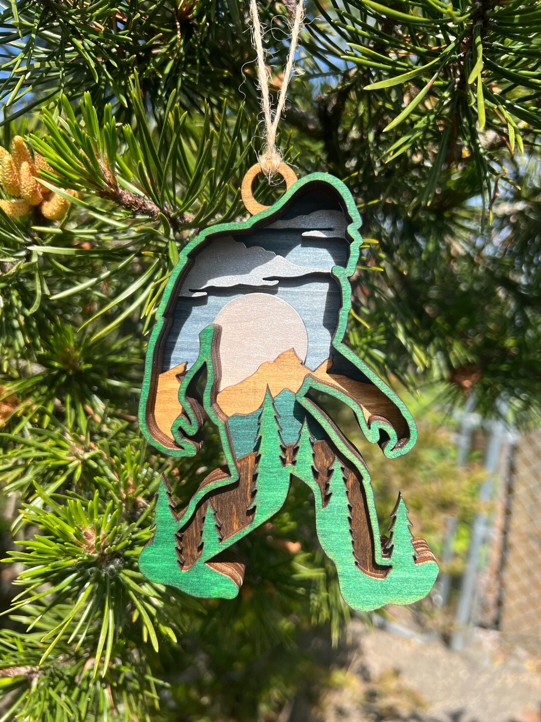 3D Layered Wood Bigfoot Christmas Ornament - Rustic Sasquatch Holiday ...