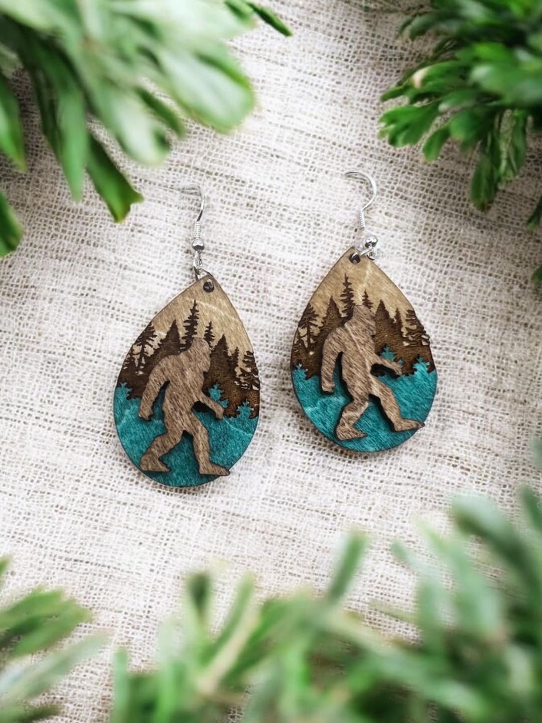 Rustic Wooden Bigfoot Dangle Earrings: Laser-engraved Sasquatch Jewelry ...