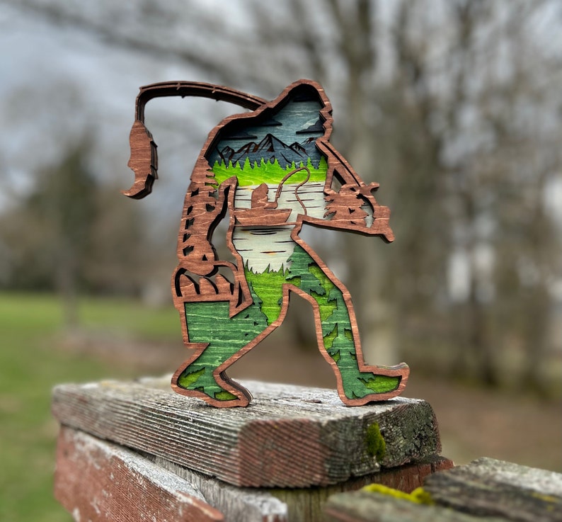 Handcrafted Layered Wood Bigfoot Art With Fishing and Nature Scene ...