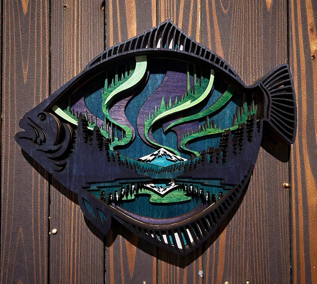 Halibut Wall Art, Alaska Northern Lights Layered Wood Decor ...