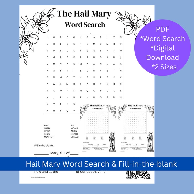Hail Mary Word Search | Hail Mary Instant Download Printable ...