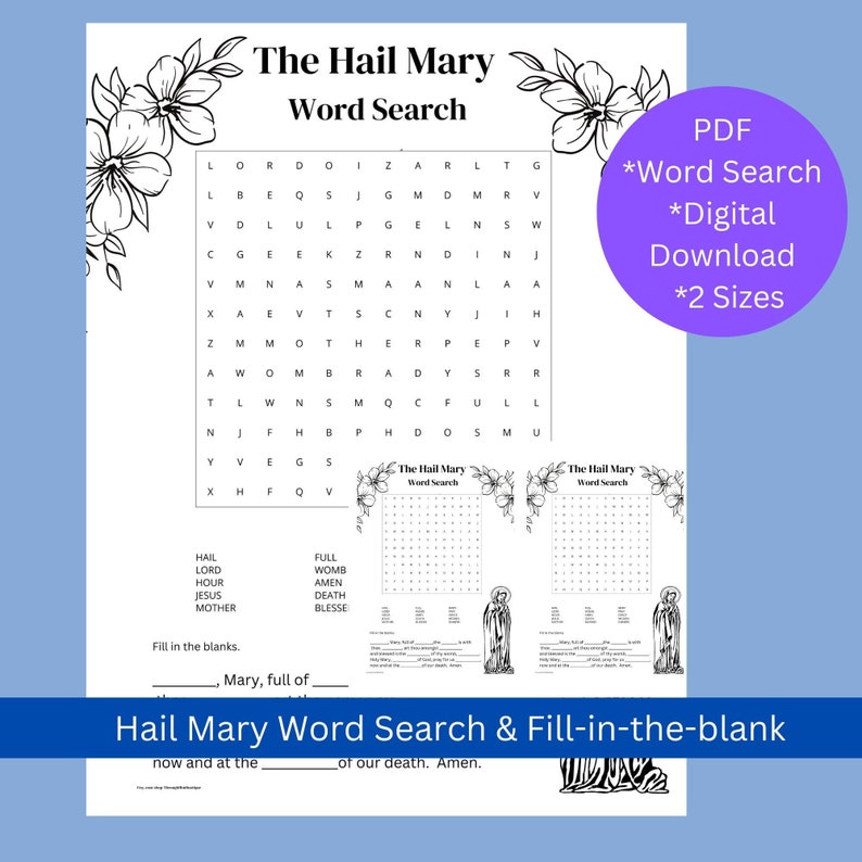 Prayer - Hail Mary Word Search | Hail Mary Instant Download Printable ...