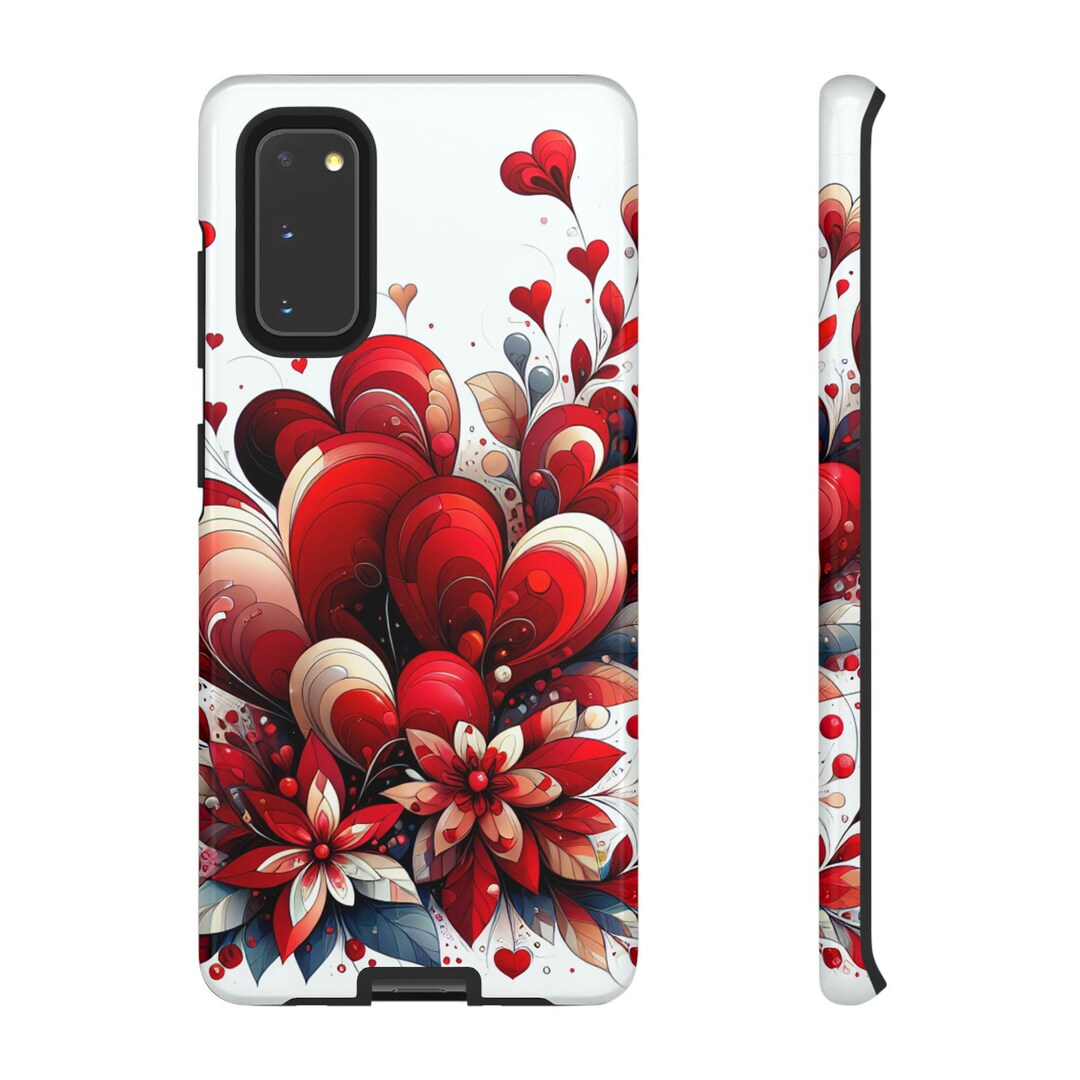 Phone Case, Red Hearts and Flowers Design, Tough Durable Cover for ...