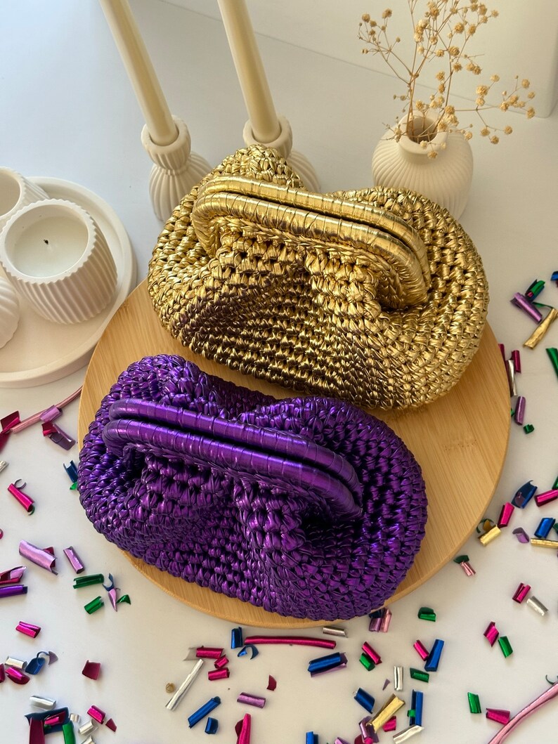 Handmade Metallic Raffia Clutch Bag: Crochet Evening Purse - Etsy