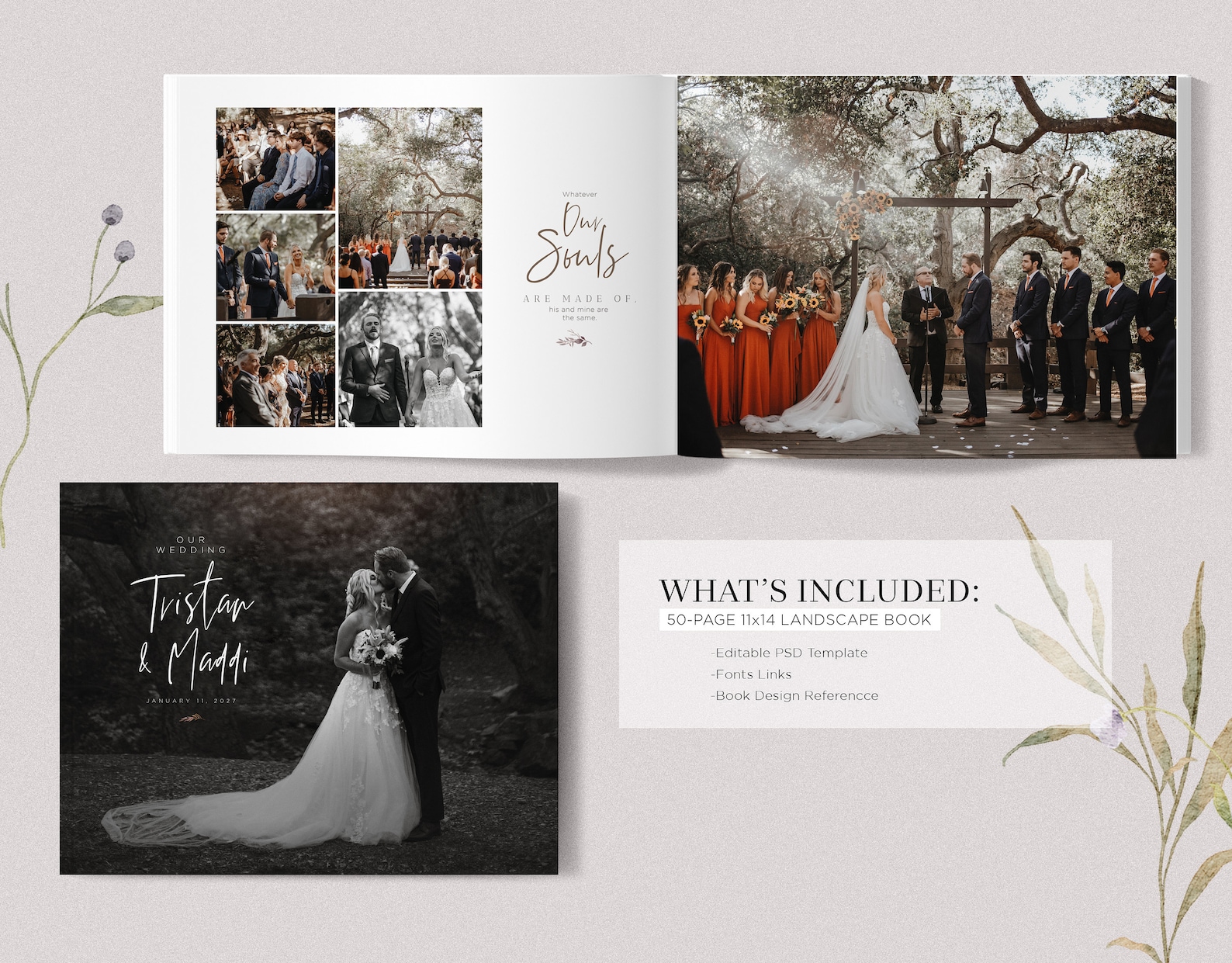 Minimalist 11x14 LANDSCAPE Wedding Album Template, 50-page + Cover PSD ...