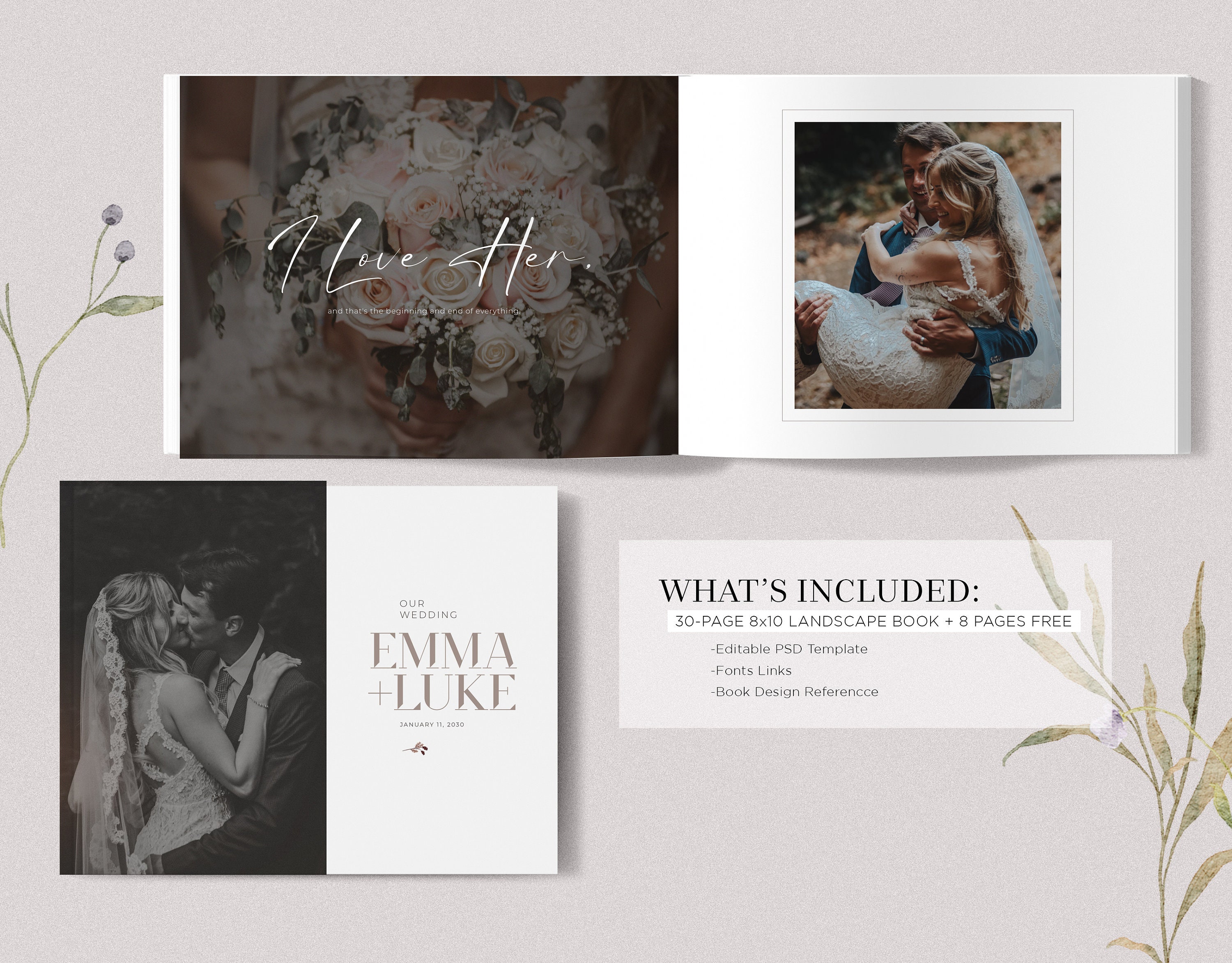 Minimalist 8x10 Landscape Wedding Album Template, 30-page + Cover PSD ...