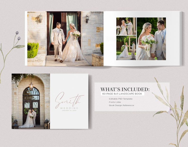 Minimalist 8x11 LANDSCAPE Wedding Album Template, 60-page + Cover PSD ...