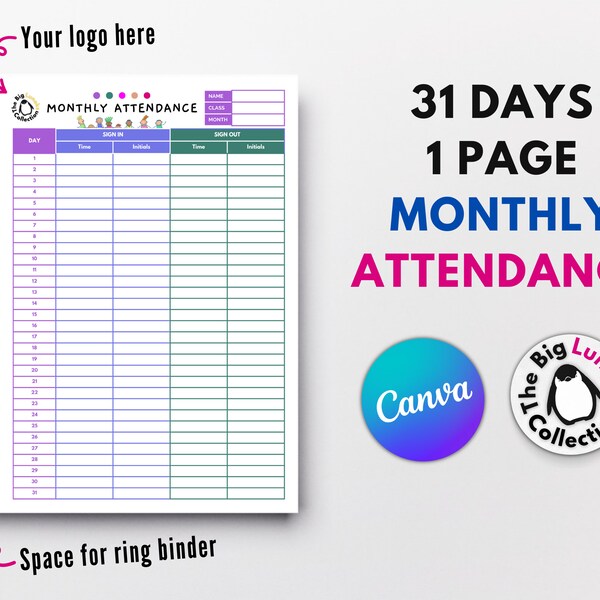 Printable Monthly Attendance Sheet for Daycare - Etsy