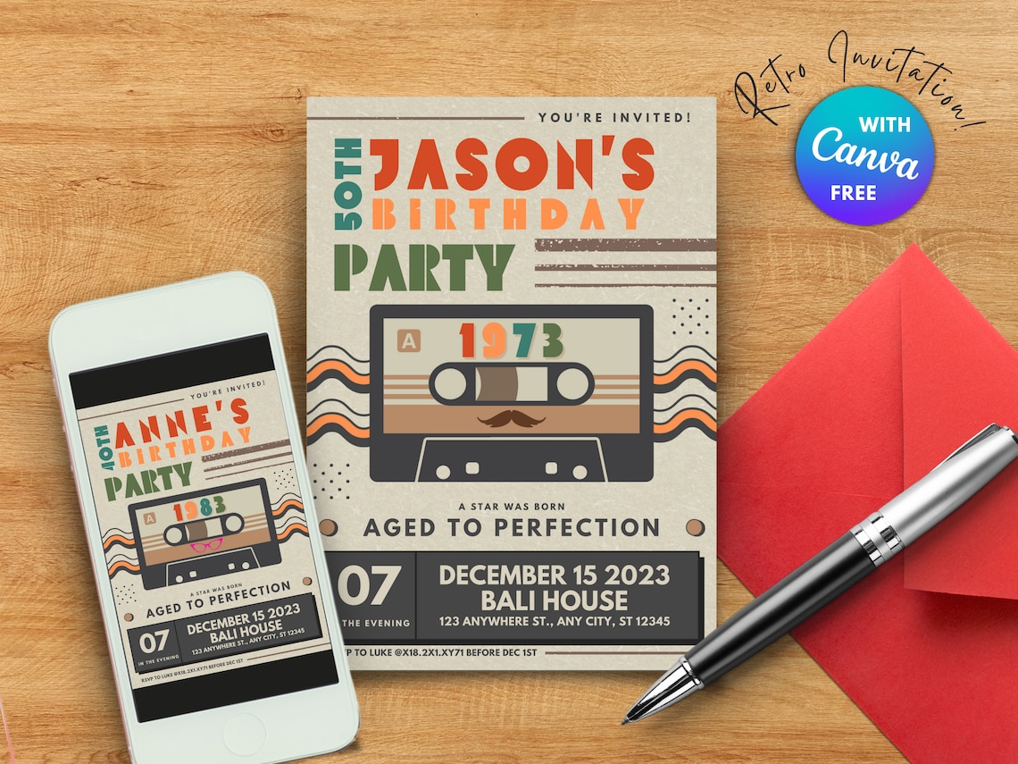 Retro Birthday Invitation Vintage Party Invitation 70s Style Birthday ...