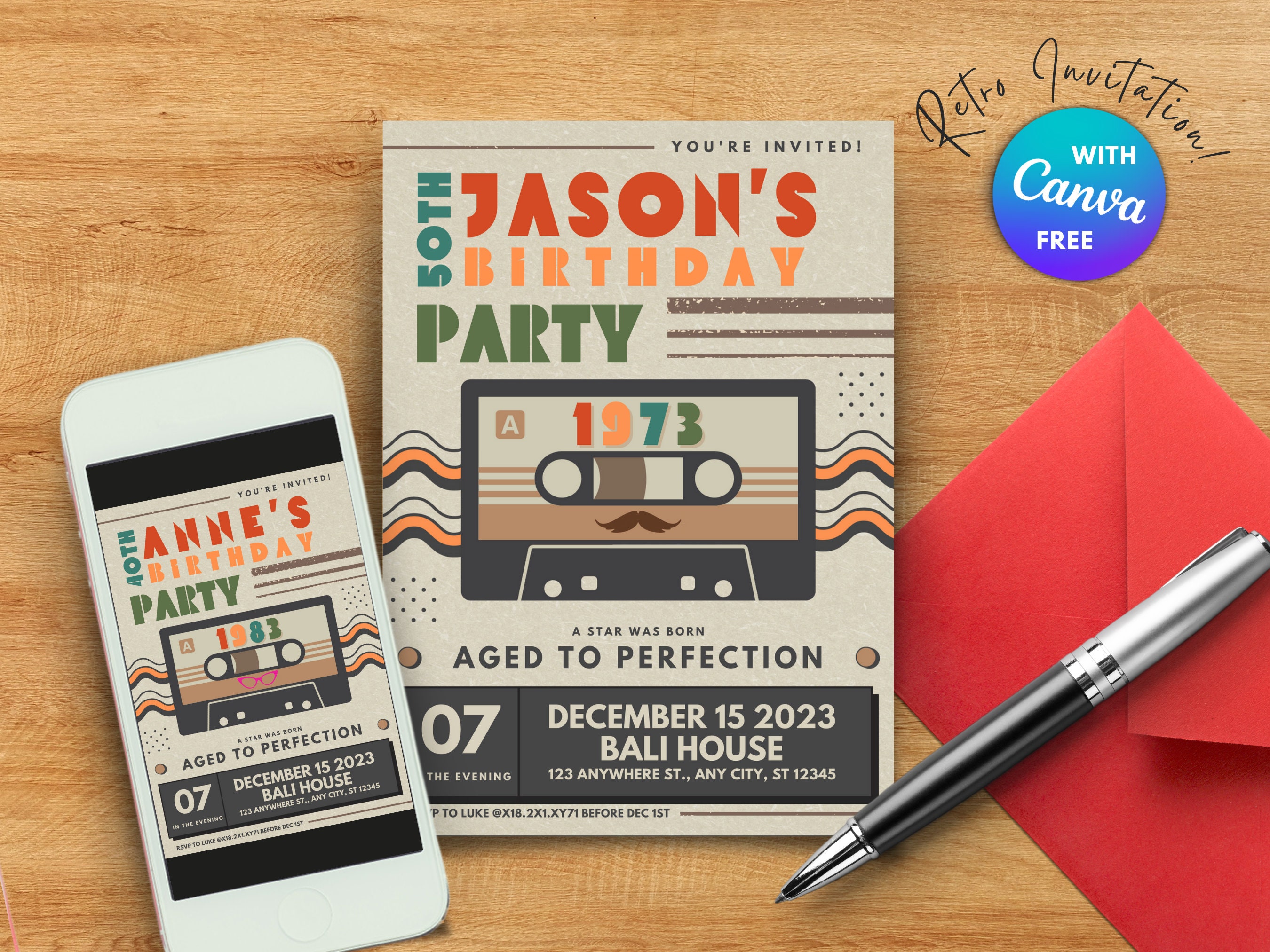 Retro Birthday Invitation Vintage Party Invitation 70s Style Birthday ...