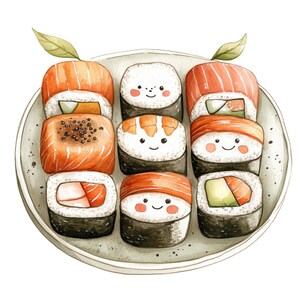 Adorable Kawaii Sushi Watercolor Clipart - Instant Digital Download for ...