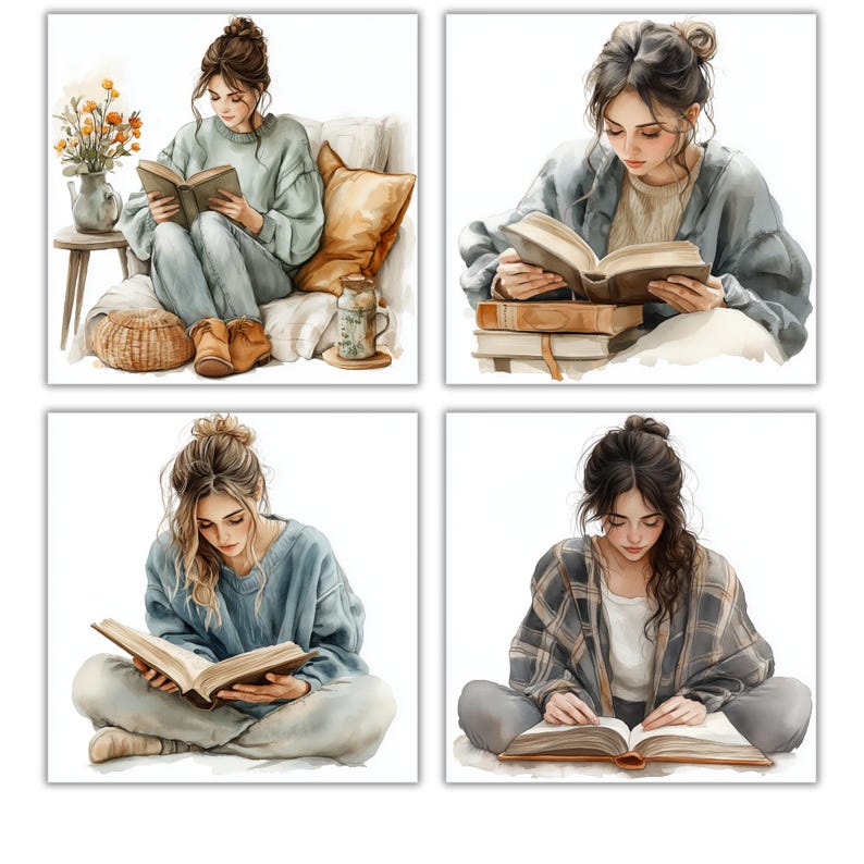 Girl Reading Book Clipart Pack, Cozy Book Lover Illustration Set ...