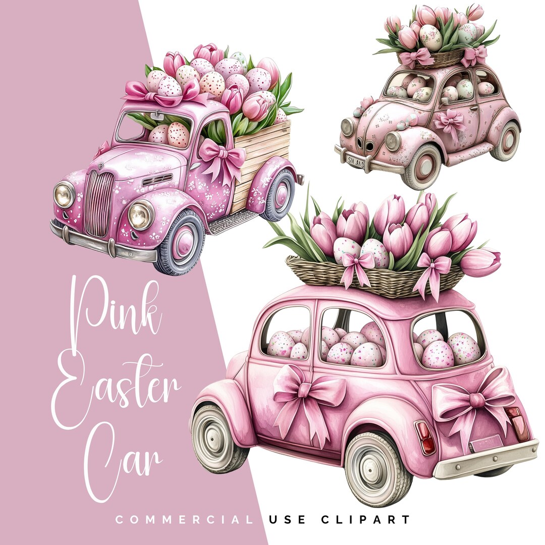 Adorable Pink Easter Car Clipart: Egg-filled Vehicle for Spring Crafts ...