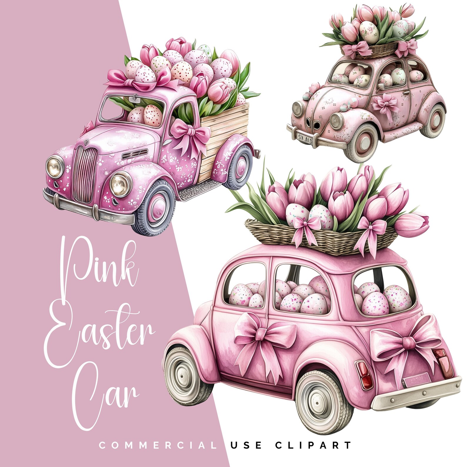 Adorable Pink Easter Car Clipart: Egg-filled Vehicle for Spring Crafts ...