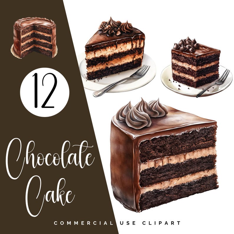 Cake Clipart, Chocolate Cake Clip Art Pack, Commercial Use, Slice of Cake Watercolor Clipart Set ...