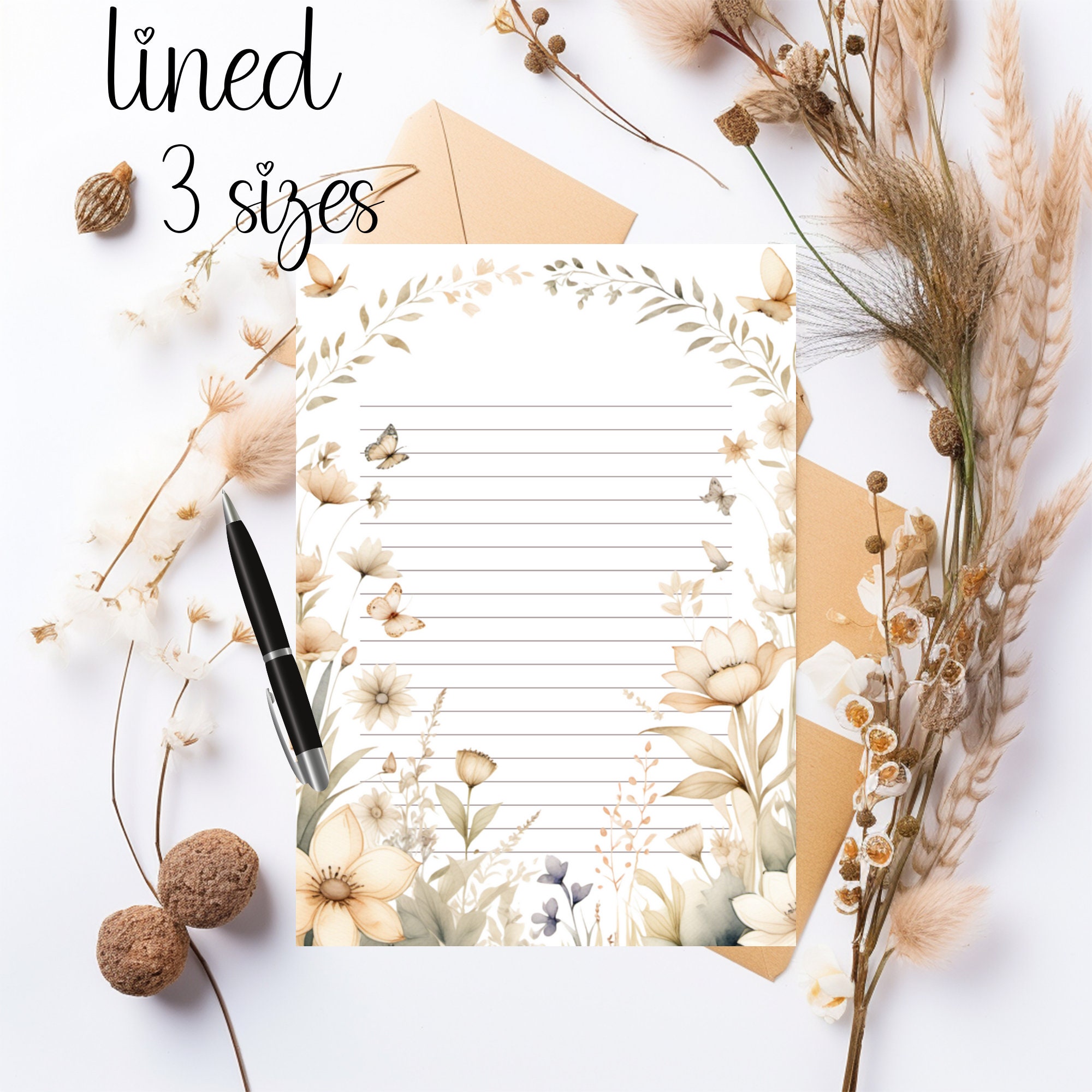 Printable Stationery Whimsical Boho Flowers With Envelope Pack, Lined ...