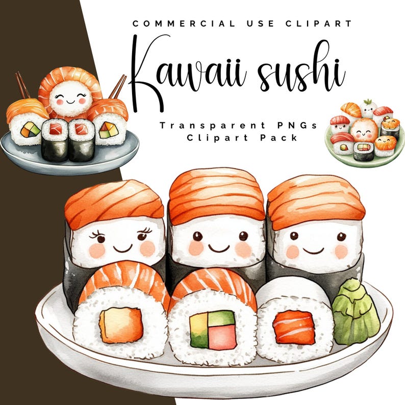 Adorable Kawaii Sushi Watercolor Clipart - Instant Digital Download for ...