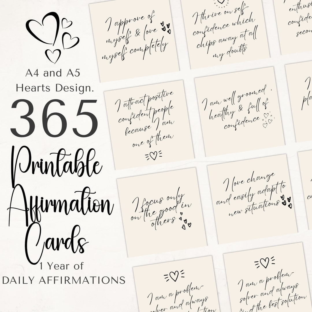 365 Daily Affirmations, Printable Cards With Hearts, I AM Affirmations ...