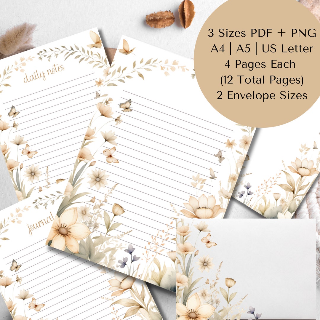 Printable Stationery Whimsical Boho Flowers With Envelope Pack, Lined ...