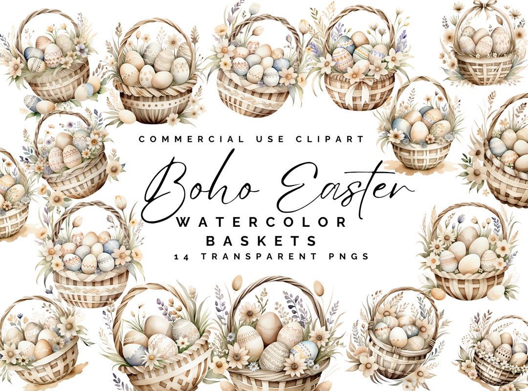 Watercolor Boho Easter Basket Clipart Pack Clipart for Commercial Use ...