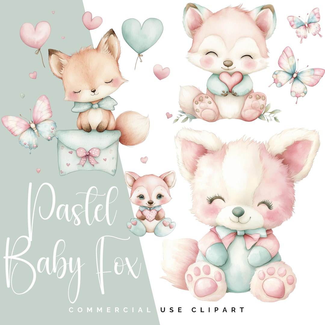 Baby Fox Clipart Pack - Pastel Watercolor Cute Fox & Butterfly Nursery ...