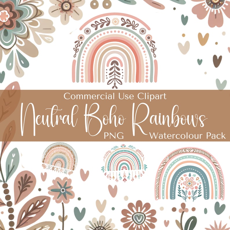 Boho Watercolor Rainbow Clipart Bundle: Cute Kids Nursery Art PNG ...
