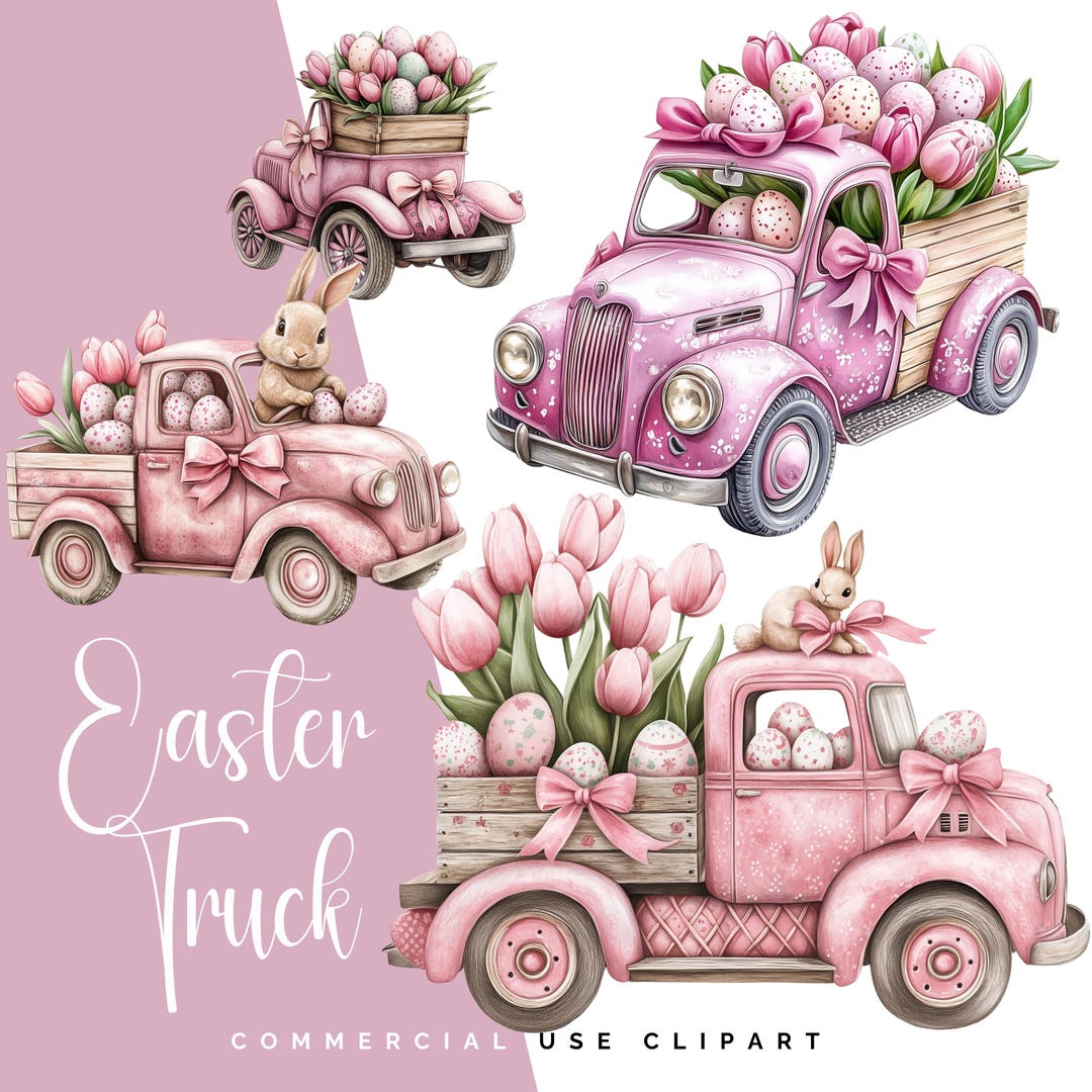 Easter Bunny Truck Clipart – Fuchsia Pink PNG Set With Tulips and Eggs ...