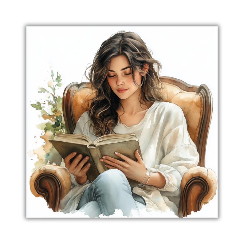 Girl Reading Book Clipart Pack, Cozy Book Lover Illustration Set ...