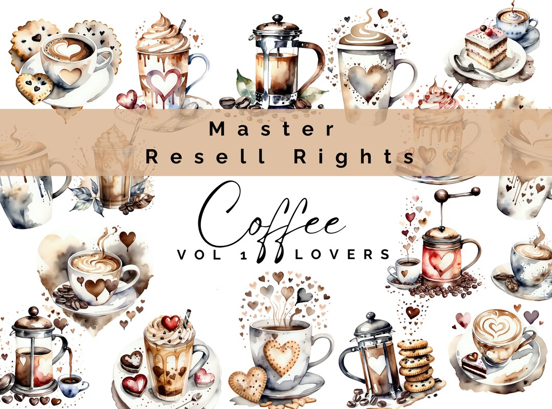 PLR Coffee Clipart Watercolor Pack, Master Resell Rights, Coffee Lover ...