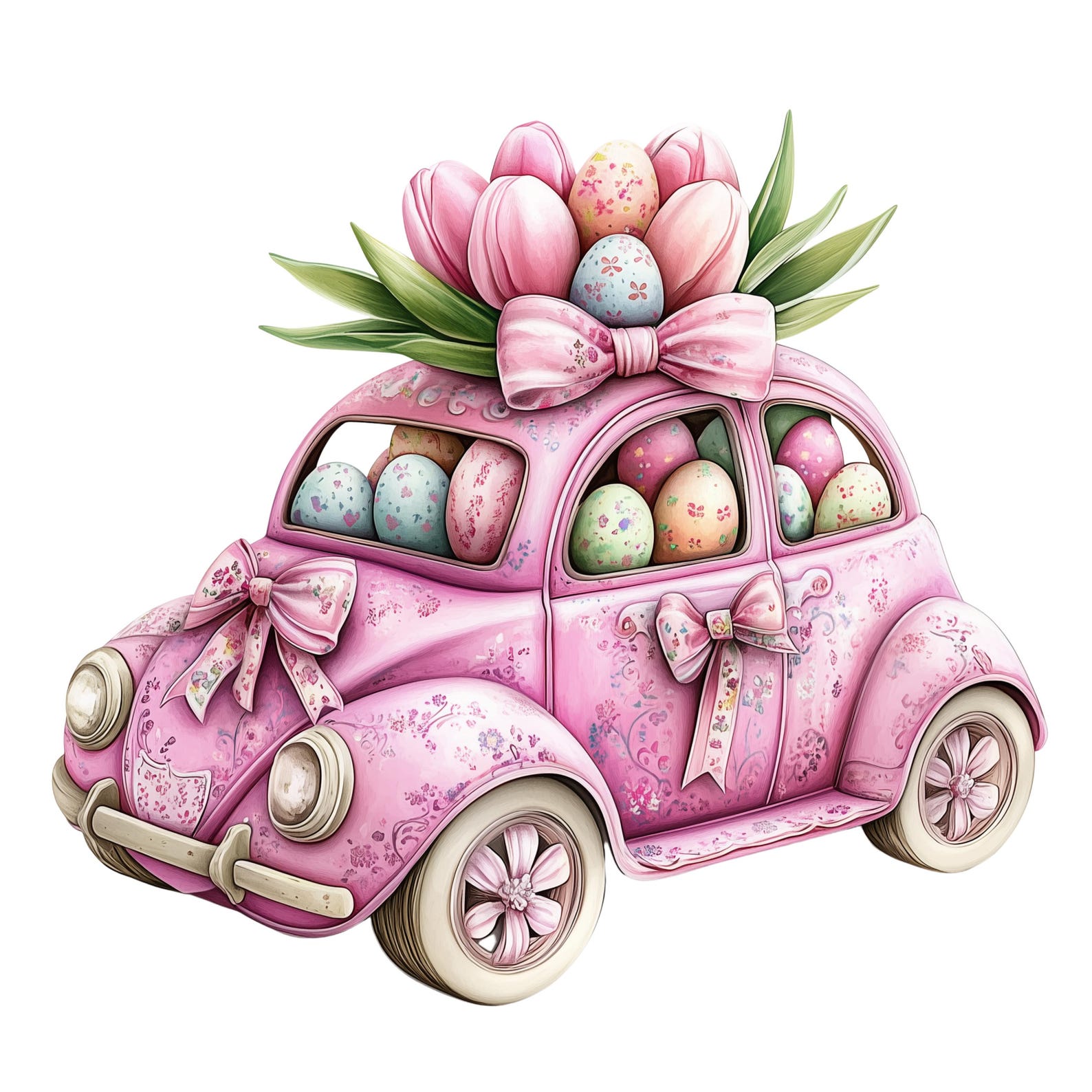 Adorable Pink Easter Car Clipart: Egg-filled Vehicle for Spring Crafts ...
