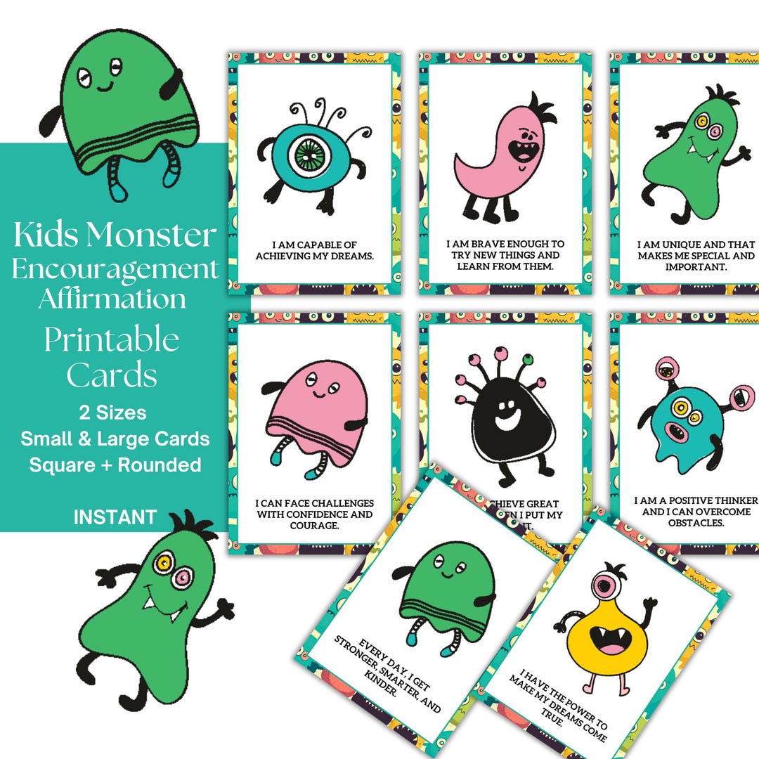 Cute Monster Affirmation Cards for Kids Positive Monster-themed Fun 2 ...