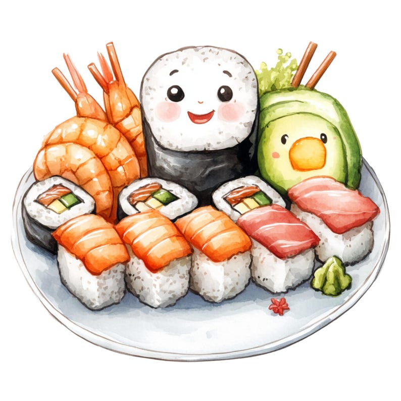 Adorable Kawaii Sushi Watercolor Clipart - Instant Digital Download for ...