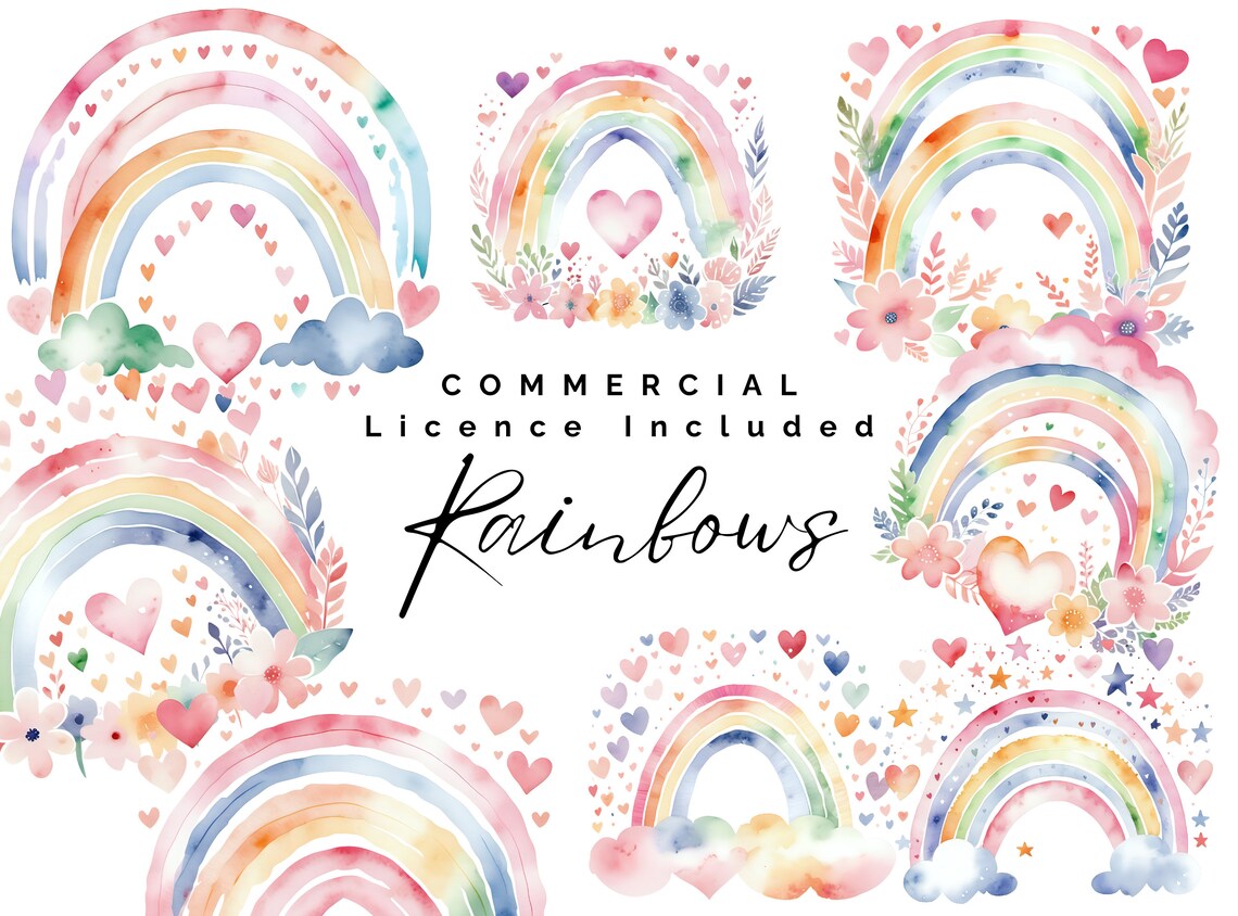 10 Watercolor Boho Rainbows Clipart Pack Rainbow PNG With Hearts ...