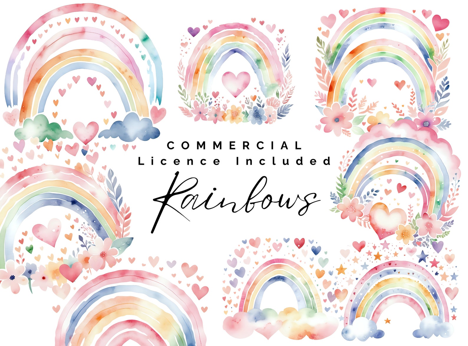 10 Watercolor Boho Rainbows Clipart Pack Rainbow PNG With Hearts ...