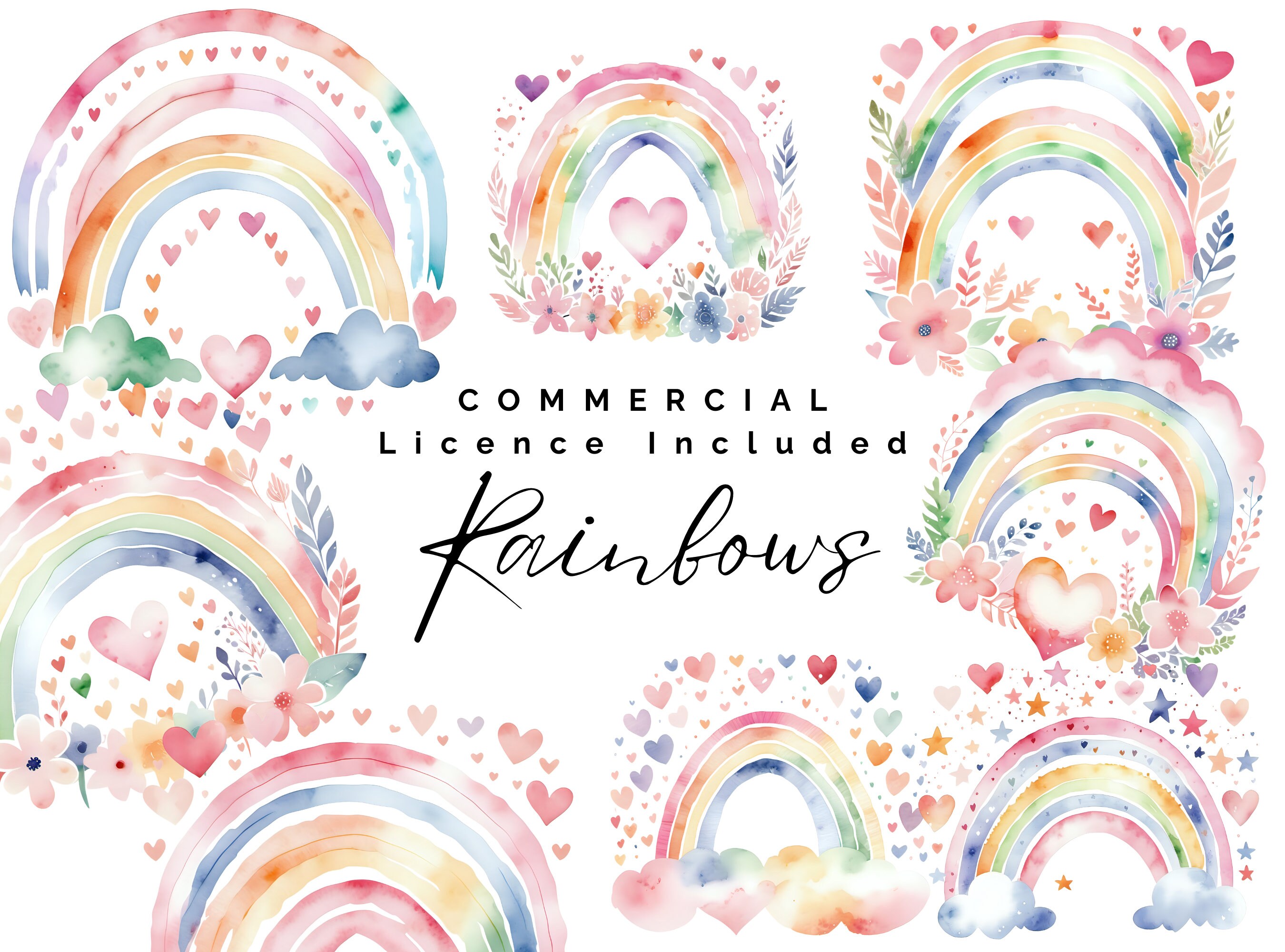 10 Watercolor Boho Rainbows Clipart Pack Rainbow PNG With Hearts ...