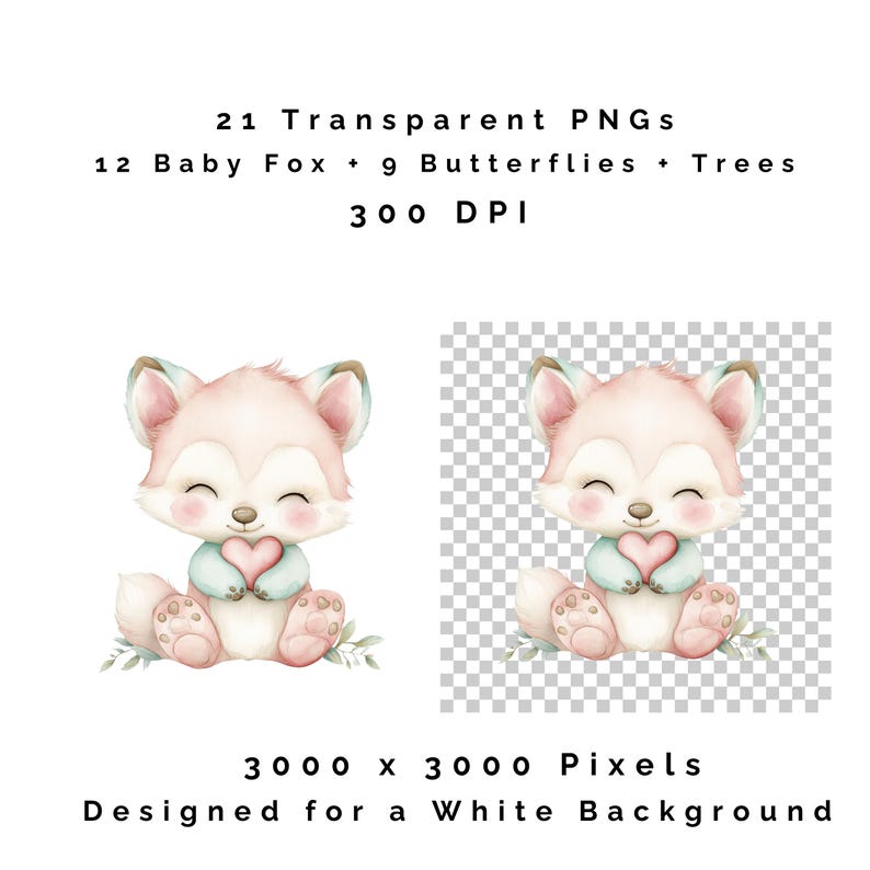 Baby Fox Clipart Pack - Pastel Watercolor Cute Fox & Butterfly Nursery ...