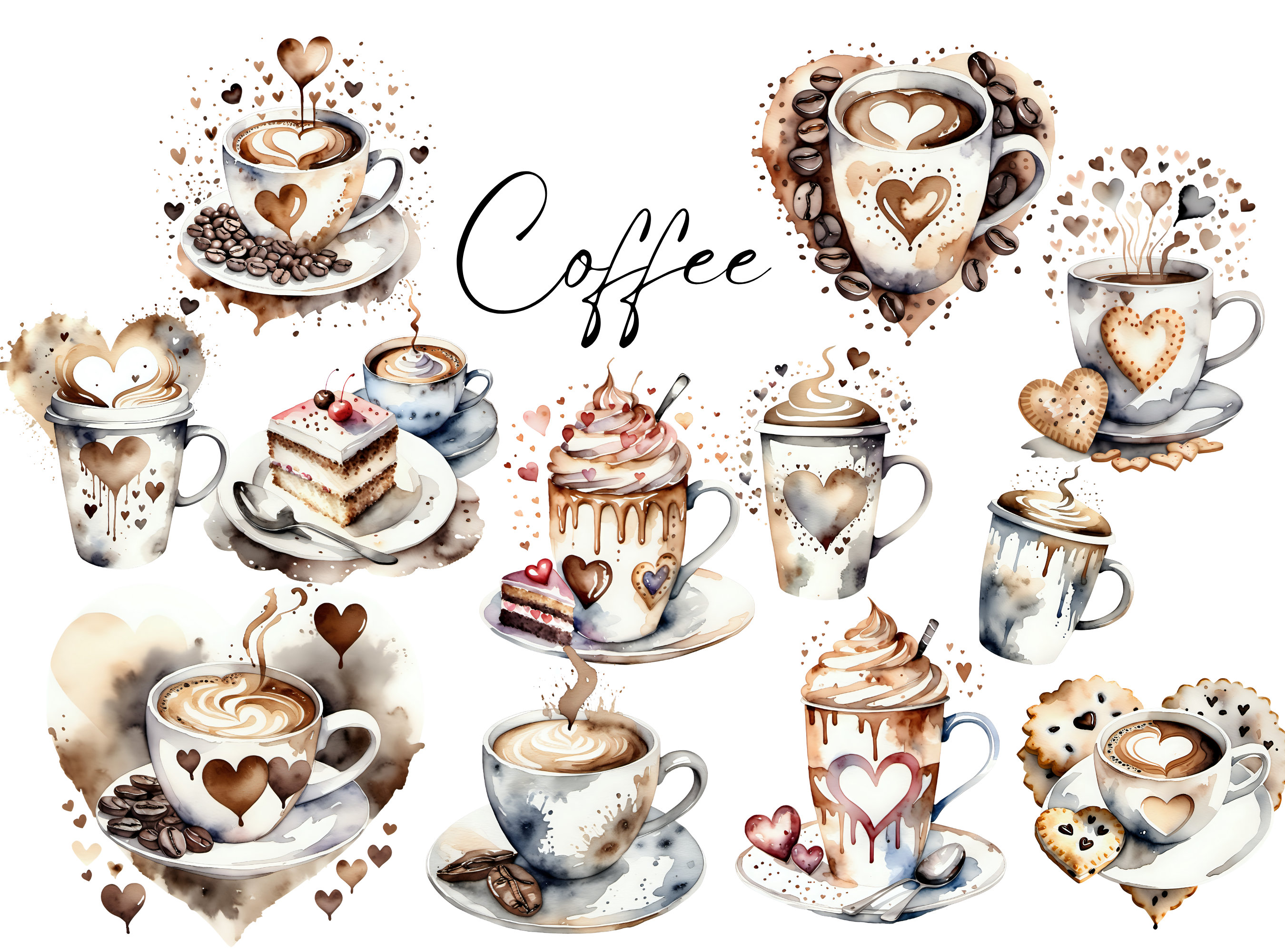 PLR Coffee Clipart Watercolor Pack, Master Resell Rights, Coffee Lover ...