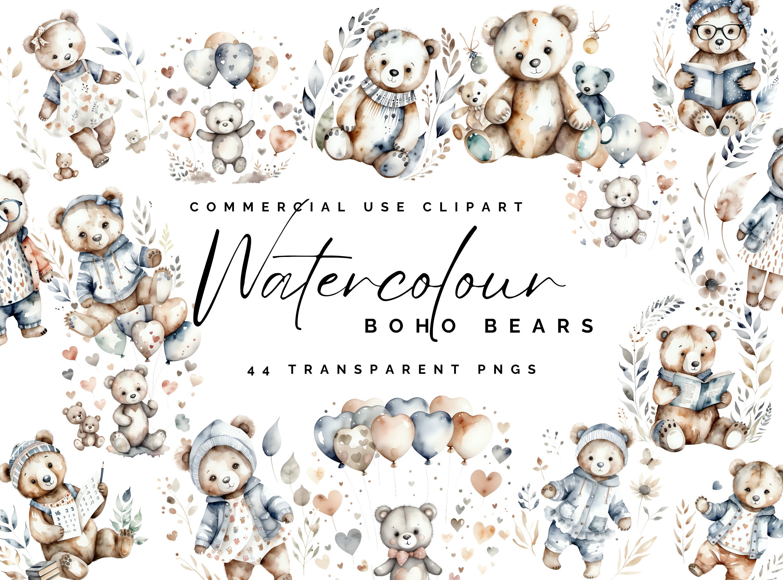 Boho Bear Clipart Bundle Watercolour Commercial Use Baby Bear PNG ...