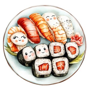 Adorable Kawaii Sushi Watercolor Clipart - Instant Digital Download for ...