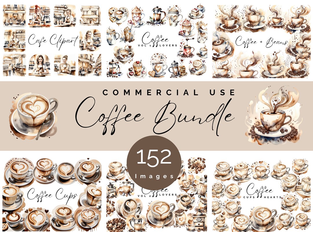 Watercolor Coffee Clipart Bundle: 152 Pngs for Commercial Use - Coffee ...