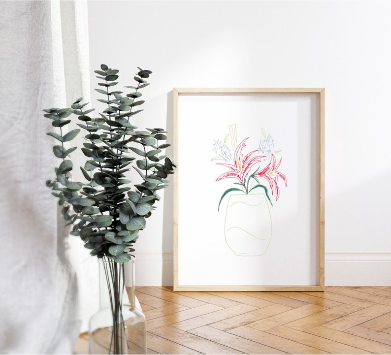 Fine Line Hand Drawn Floral/flower Bouquet 24 Digital Wall Art - Etsy