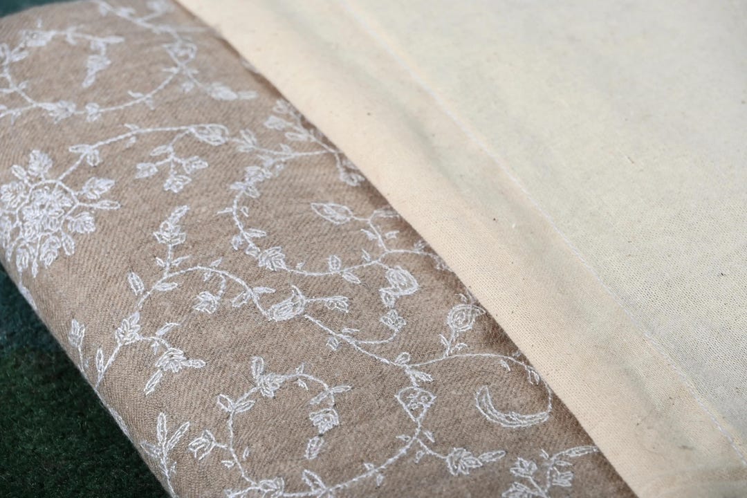 Beige Indian Pashmina Shawl With Hand Embroidered Flower and Vines ...