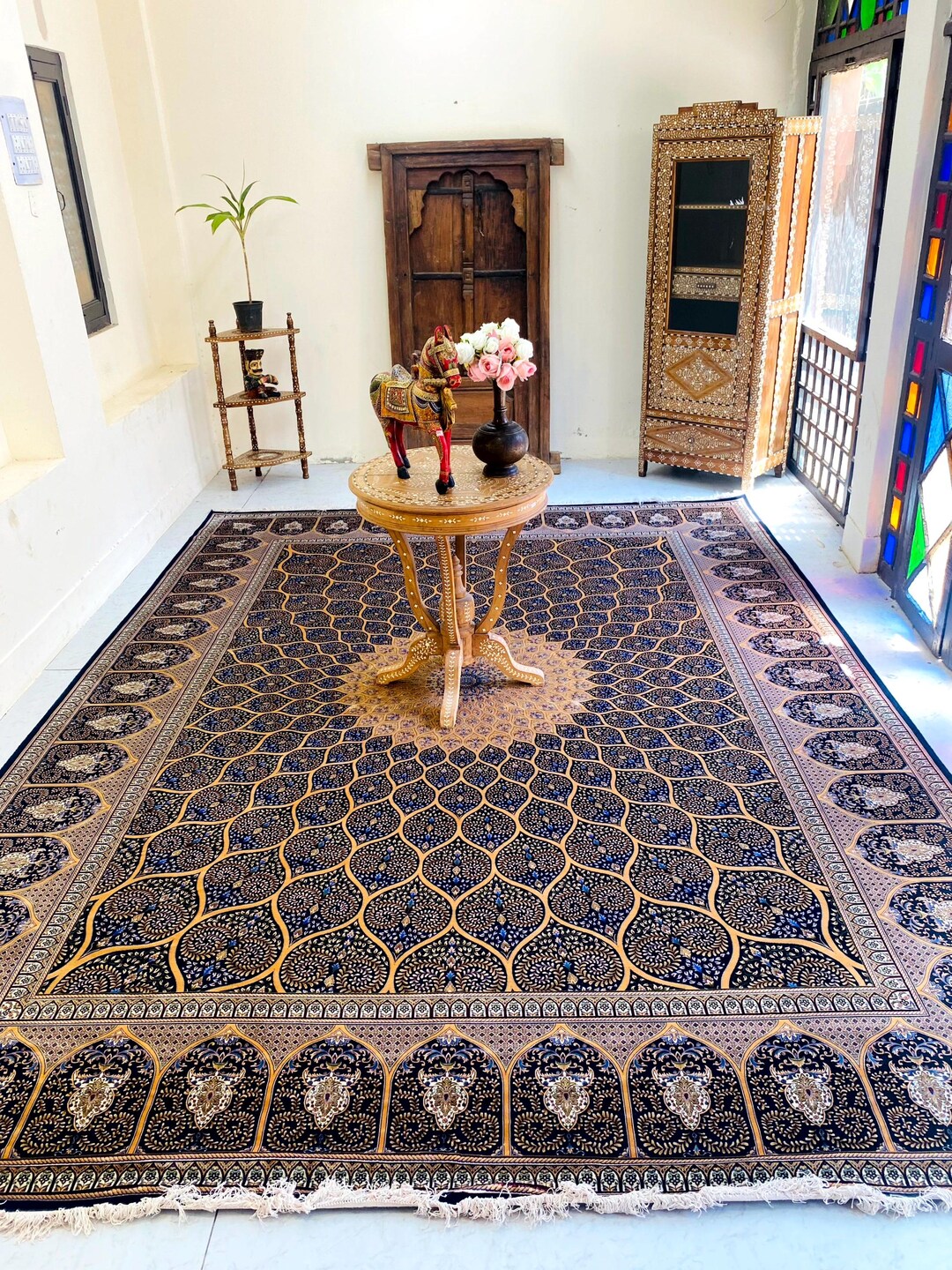 9x12 Ft Carpet, Dark Blue Rug, Mandala Design, Large Area Rug, Colorful ...