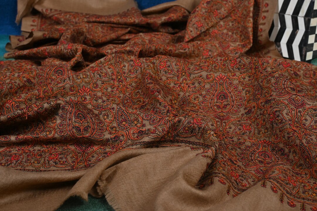 100% Pashmina / Cashmere Shawl in Brown With Multicolor Braided Chain ...
